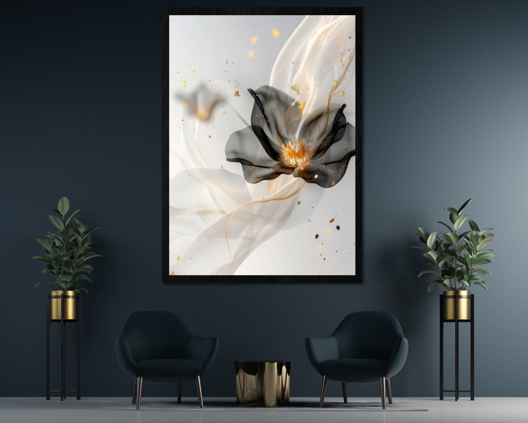 Luxury Abstract Flower Digital Wall Art L Printable Black Floral Design ...