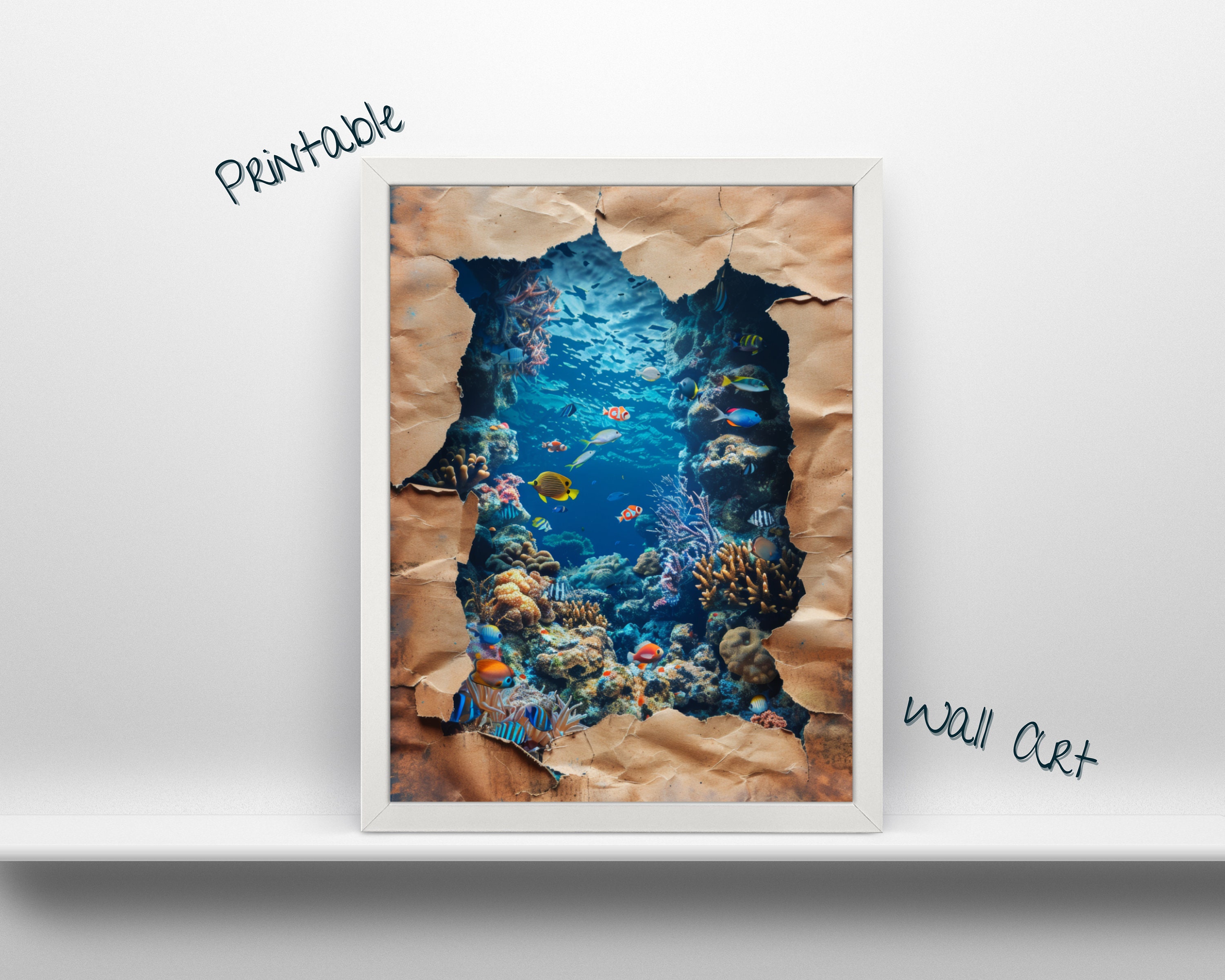 Blue Ocean in the Paper Hole Digital Wall Art L Printable 3D Underwater ...
