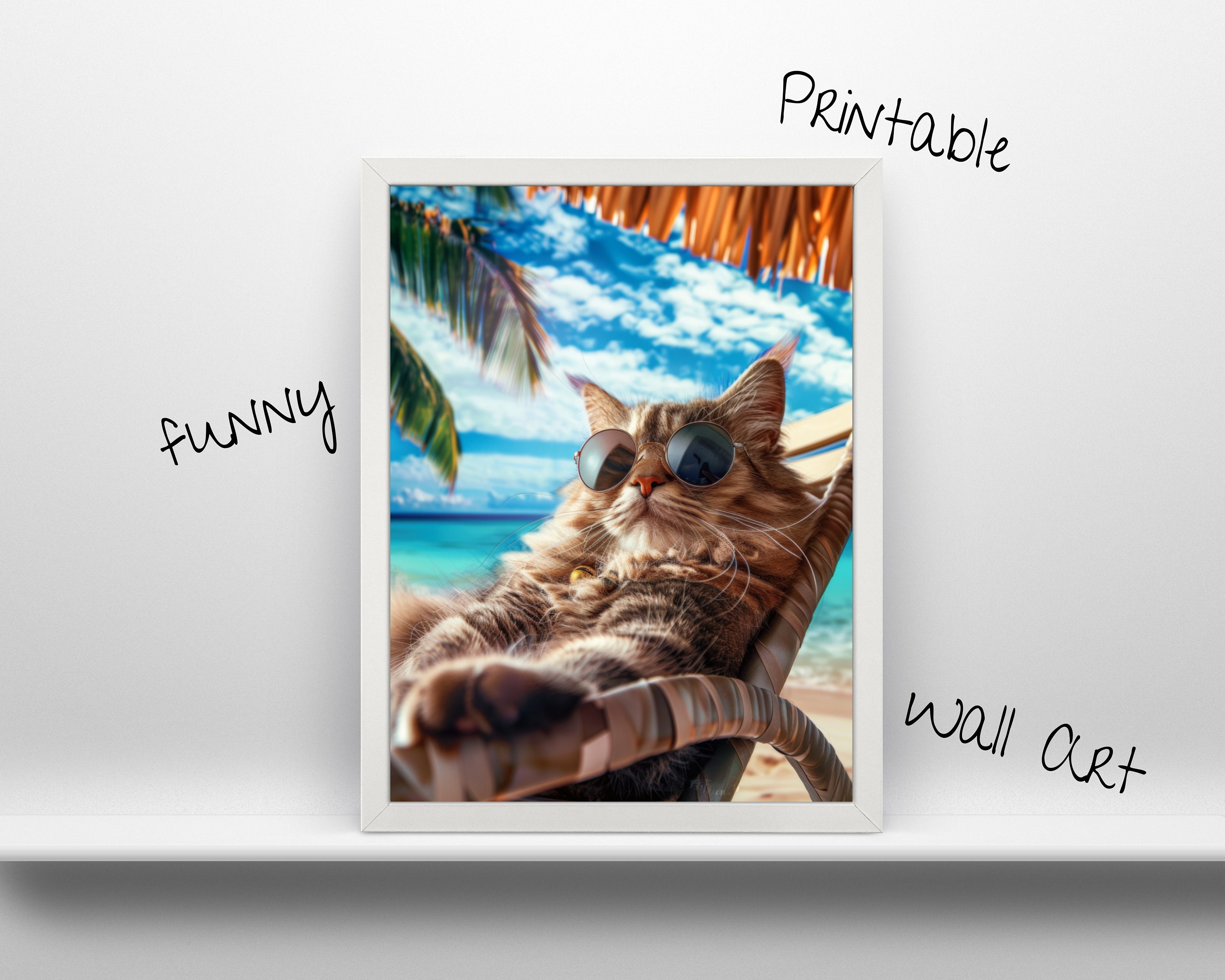 Hot Summer Cat on the Beach Digital Wall Art L Printable Funny Animal ...