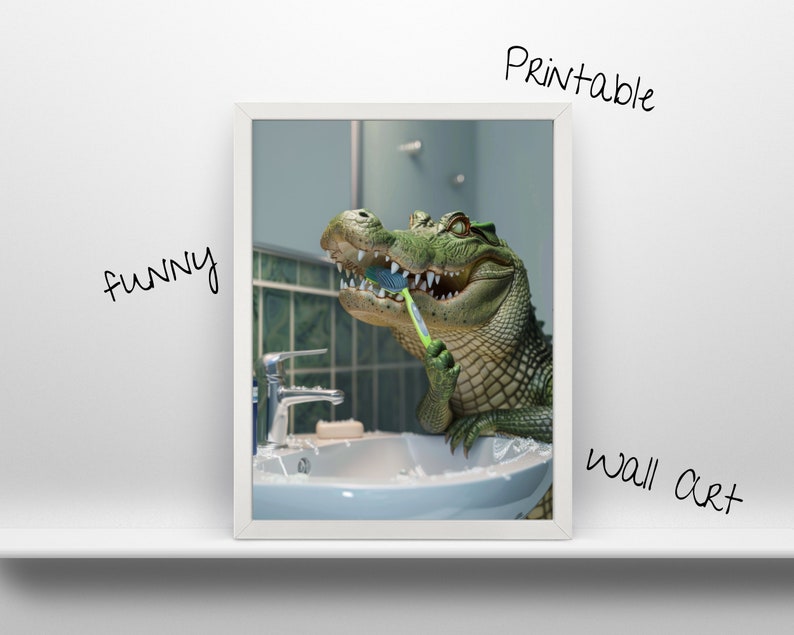Funny Alligator Brushing Teeth Digital Wall Art L Printable Fun Animal ...