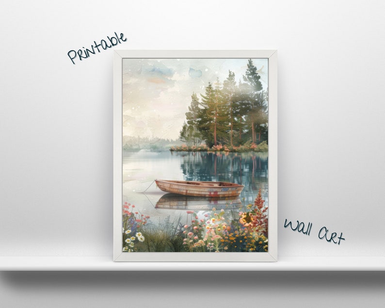 Fresh Clean Forest With Lake Digital Wall Art L Printable Boat on the ...