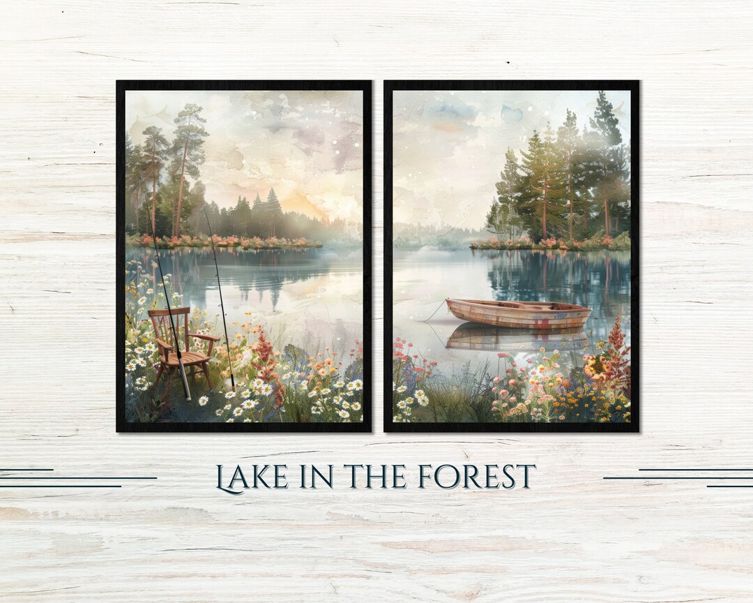 Fresh Clean Forest With Lake Digital Wall Art L Printable Boat on the ...