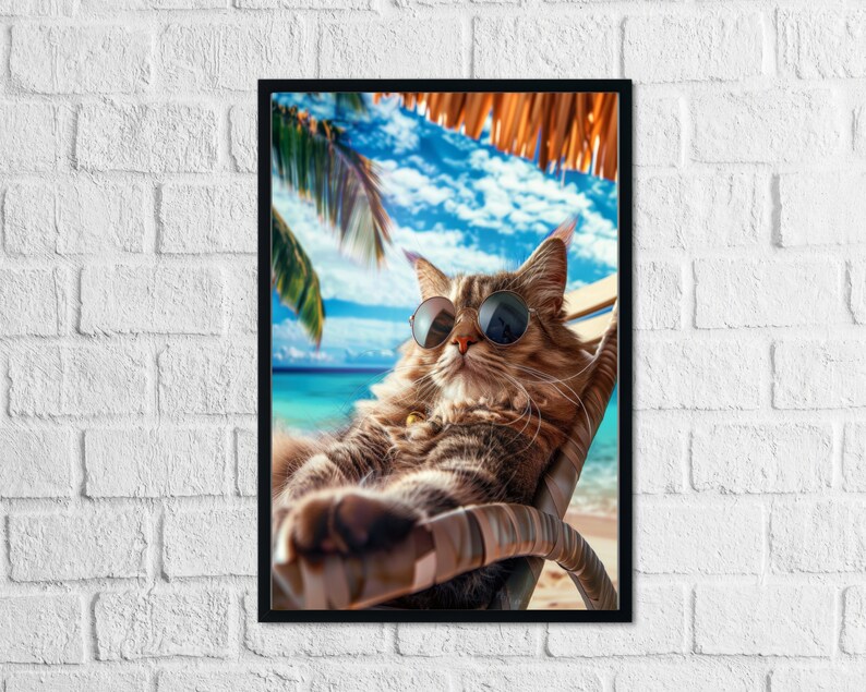 Hot Summer Cat on the Beach Digital Wall Art L Printable Funny Animal ...