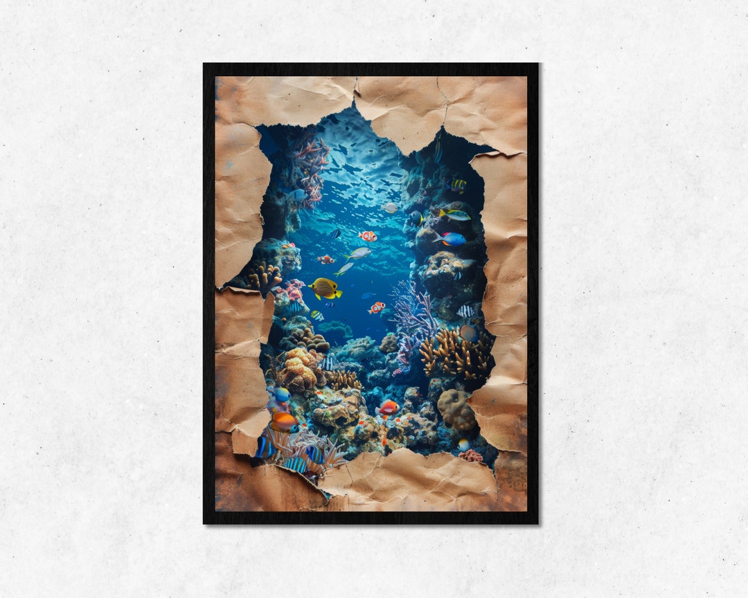 Blue Ocean in the Paper Hole Digital Wall Art L Printable 3D Underwater ...
