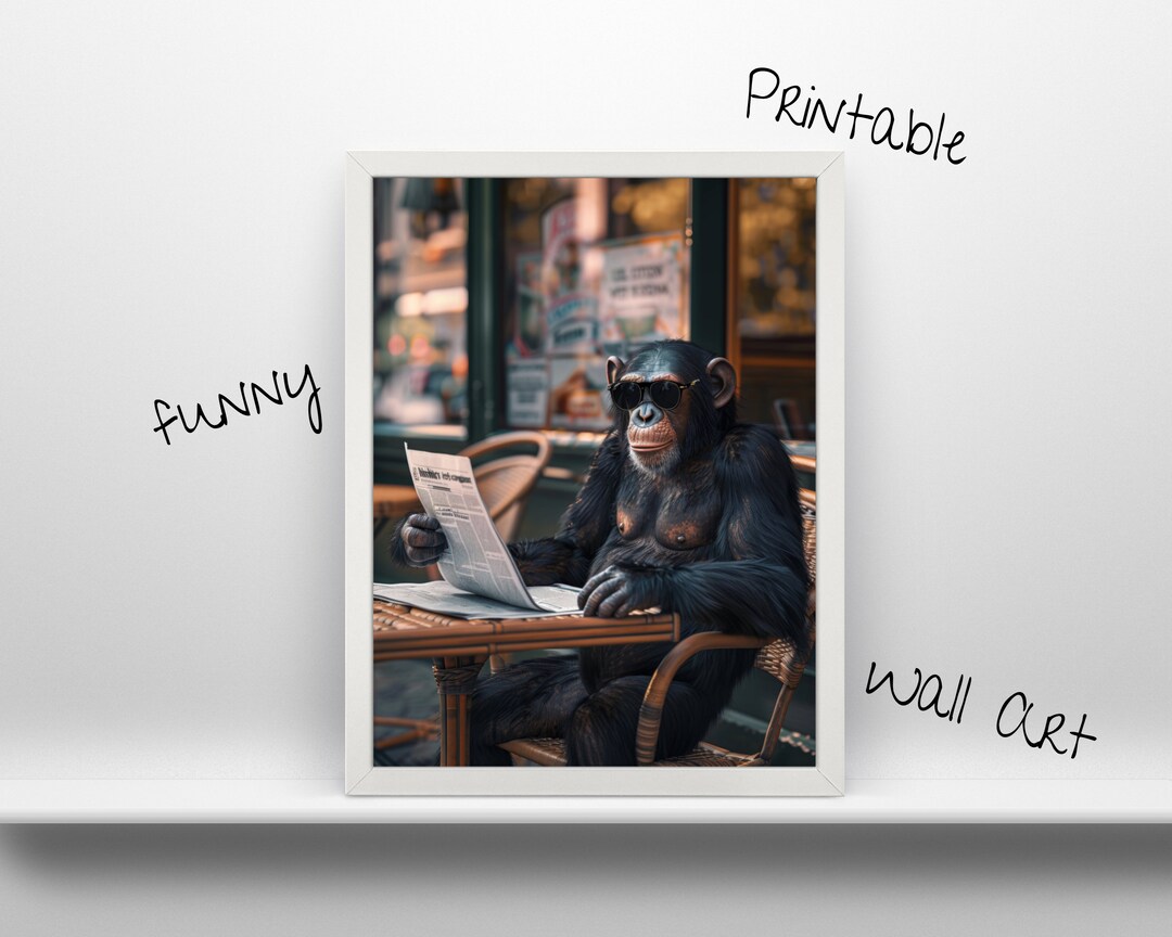 Funny Monkey Reading a Newspaper Digital Wall Art L Printable Fun ...