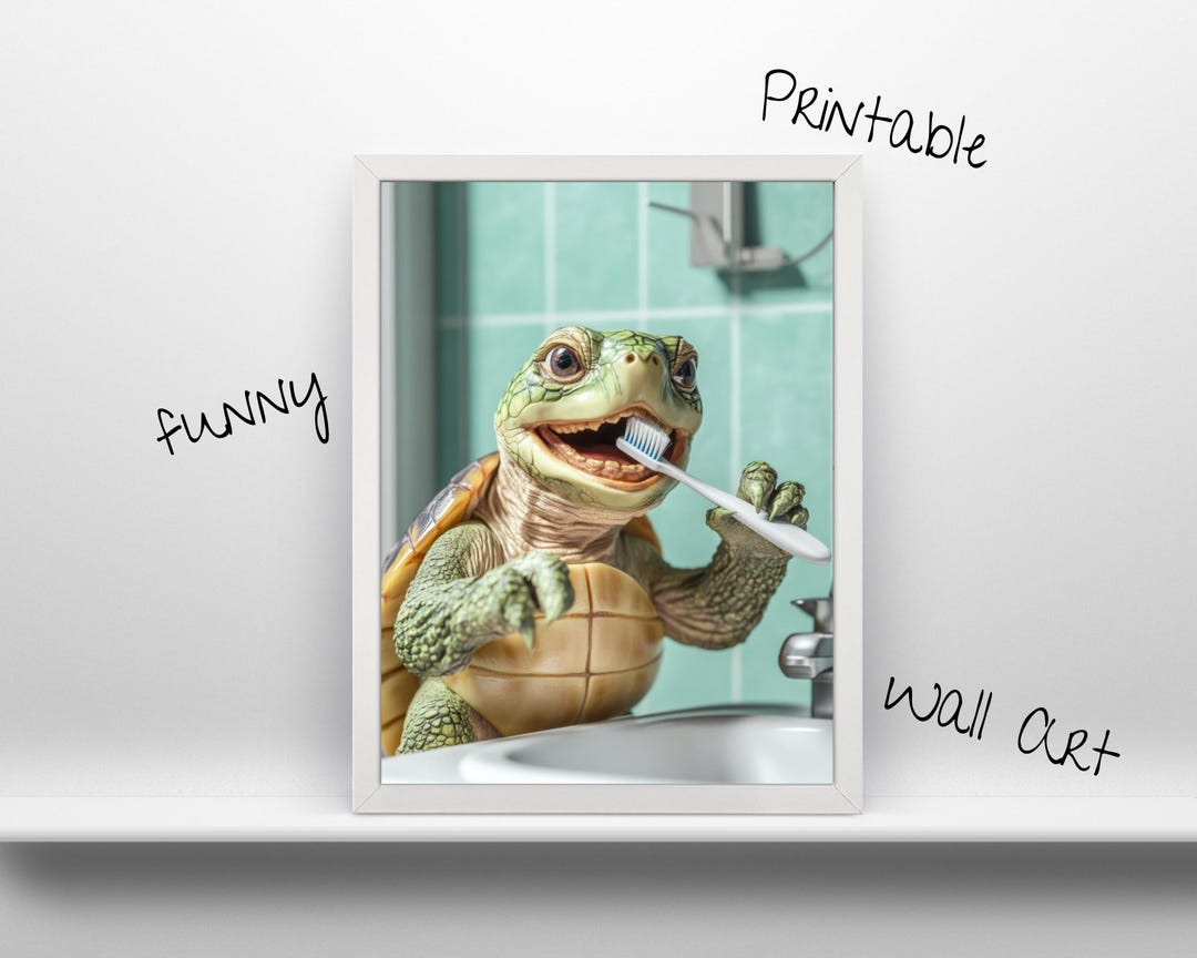 Funny Turtle Brushing Teeth Digital Wall Art L Printable Sea Animal ...