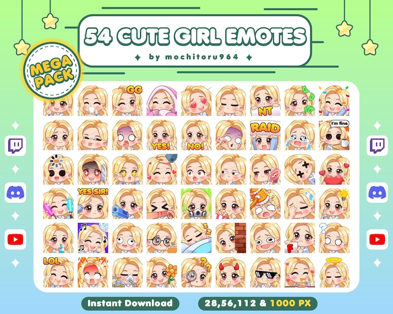 Twitch Emote - Cute Girl Emotes | 54 Girl Mega Pack Emotes | Chibi Girl ...