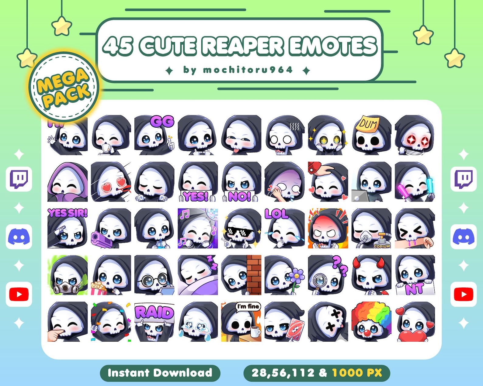 Mega Pack Cute Grim Reaper Emotes | 45 Reaper Emotes | Twitch Emote ...