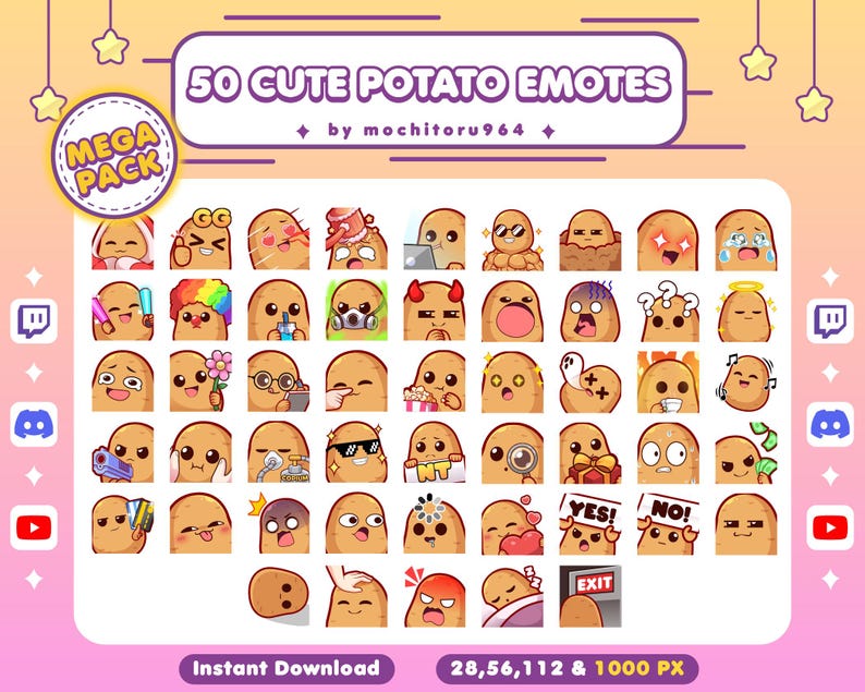Twitch Emote - Cute Potato Emotes Mega Pack | 50 Kawaii Emotes for ...