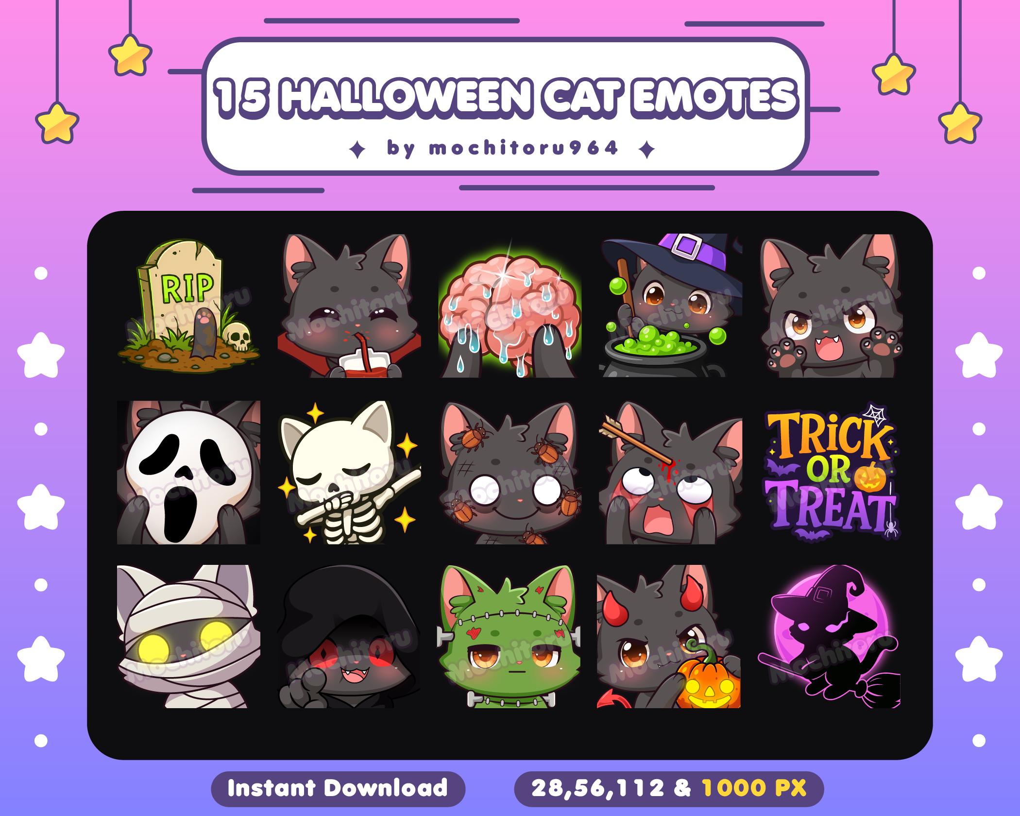15 Halloween Black Cat Emotes | Cute Chibi Cat Emotes | Kawaii Cat ...