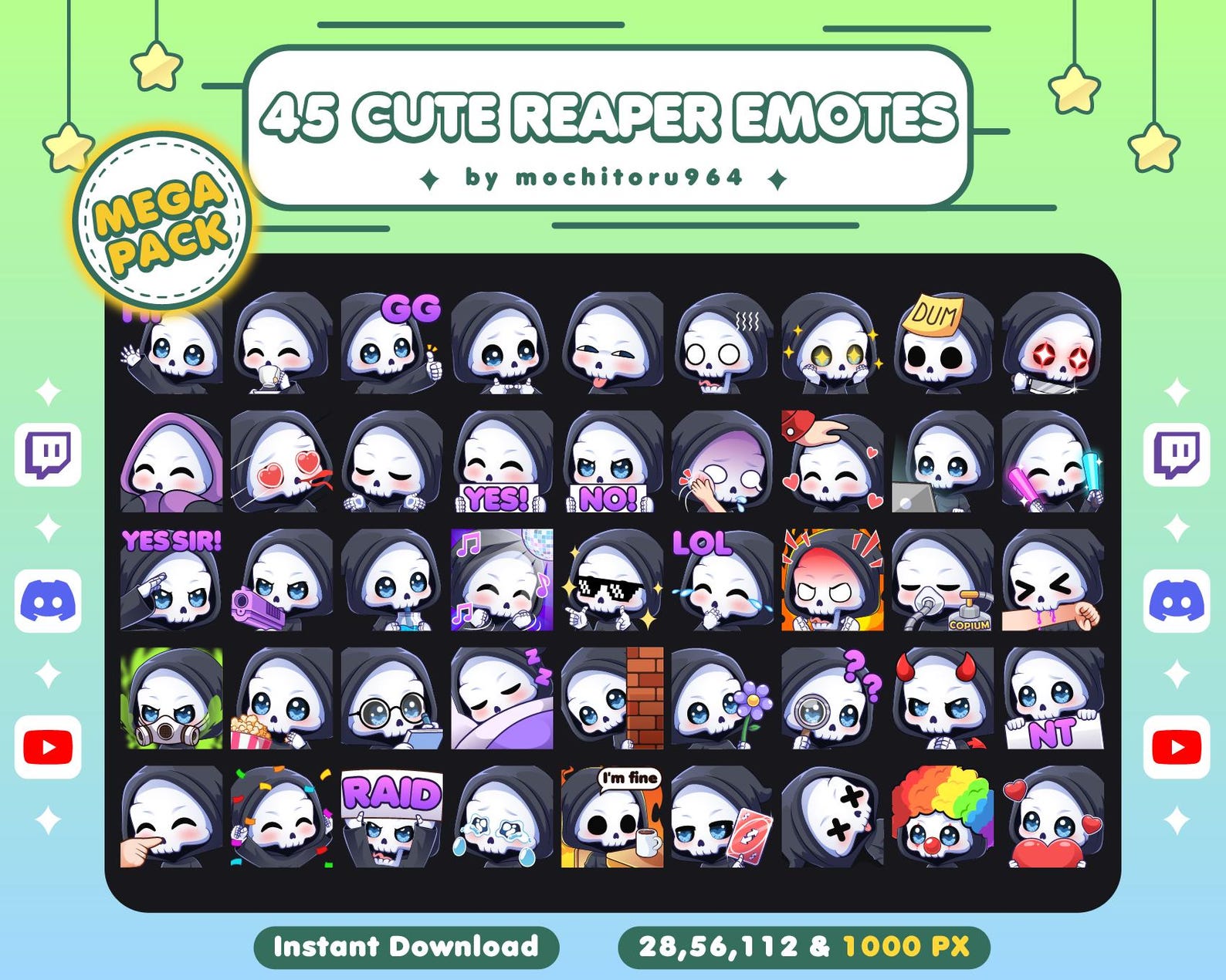 Mega Pack Cute Grim Reaper Emotes | 45 Reaper Emotes | Twitch Emote ...
