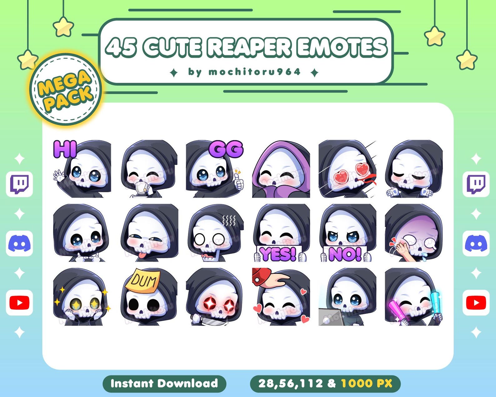 Mega Pack Cute Grim Reaper Emotes | 45 Reaper Emotes | Twitch Emote ...