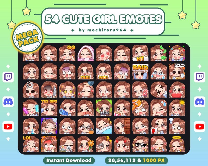 Twitch Emote - Cute Girl Emotes | 54 Girl Mega Pack Emotes | Chibi Girl ...