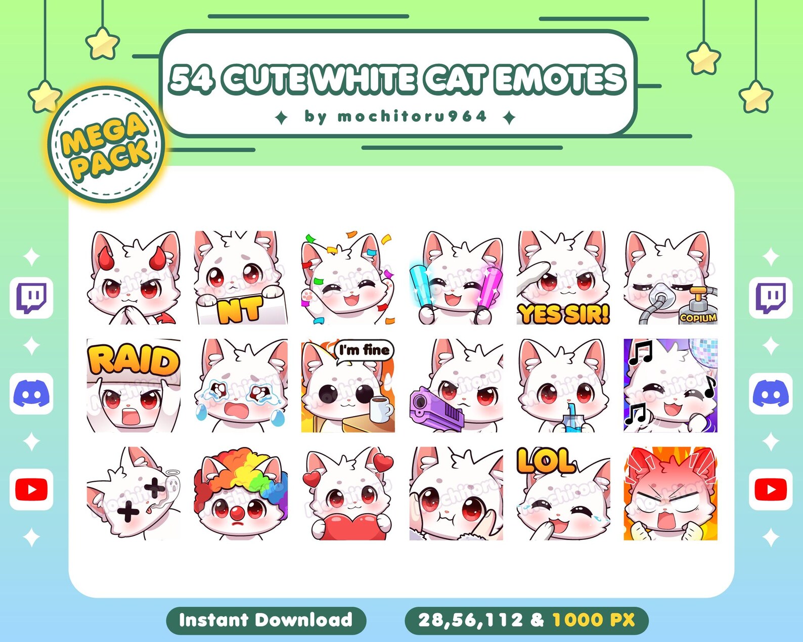 Twitch Emote - Cute White Cat Emotes | 54 Kitty Emotes, Mega Pack ...