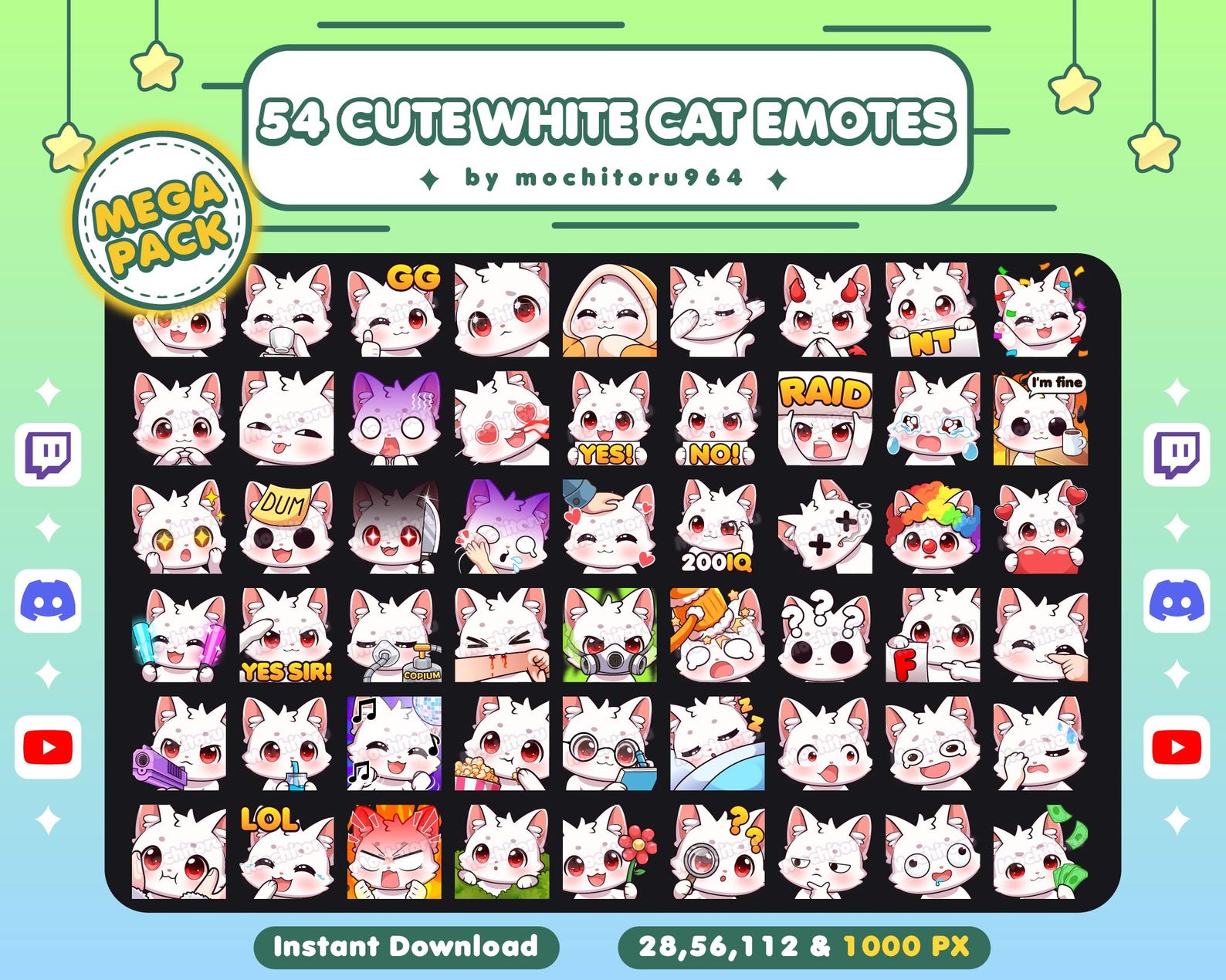 Twitch Emote - Cute White Cat Emotes | 54 Kitty Emotes, Mega Pack ...