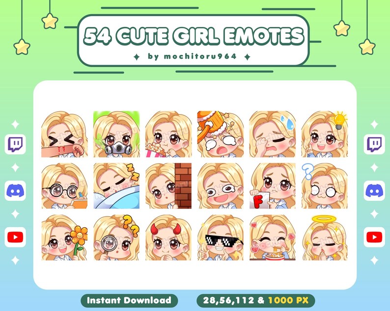 Twitch Emote - Cute Girl Emotes | 54 Girl Mega Pack Emotes | Chibi Girl ...