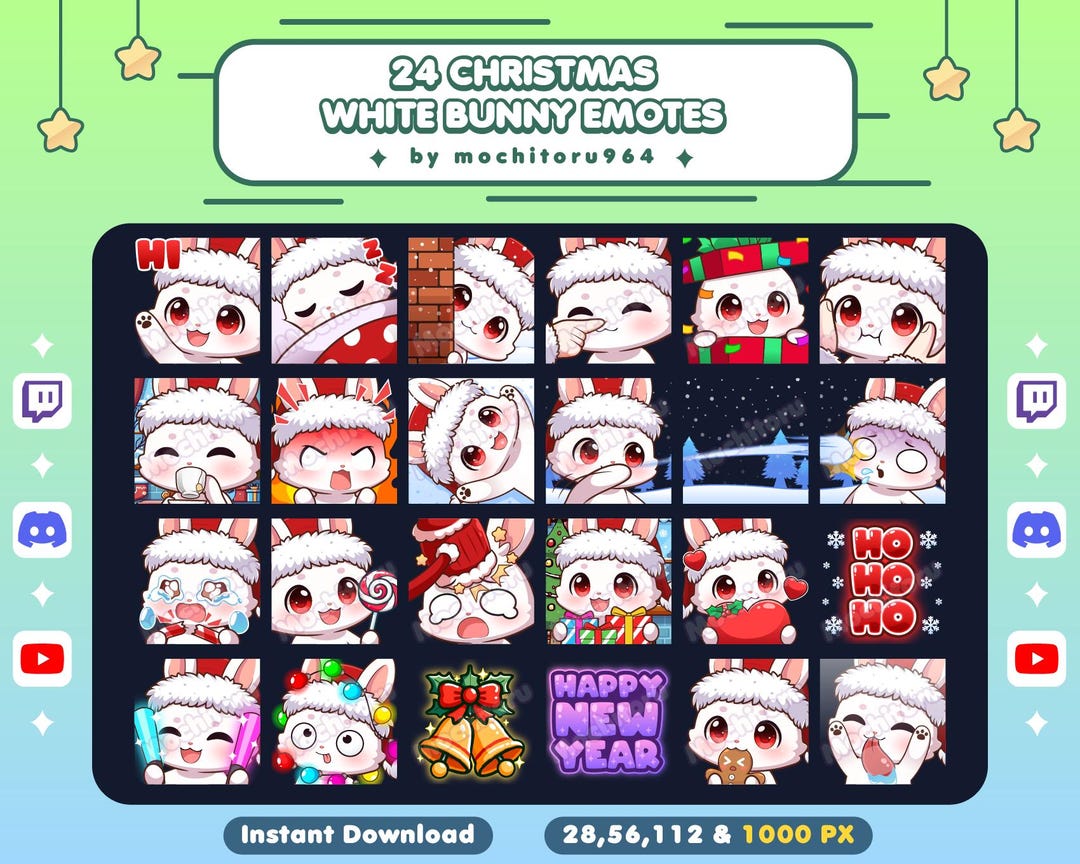 24 Christmas White Bunny Emotes | Chibi Bunny | Cute Bunny | Chibi ...