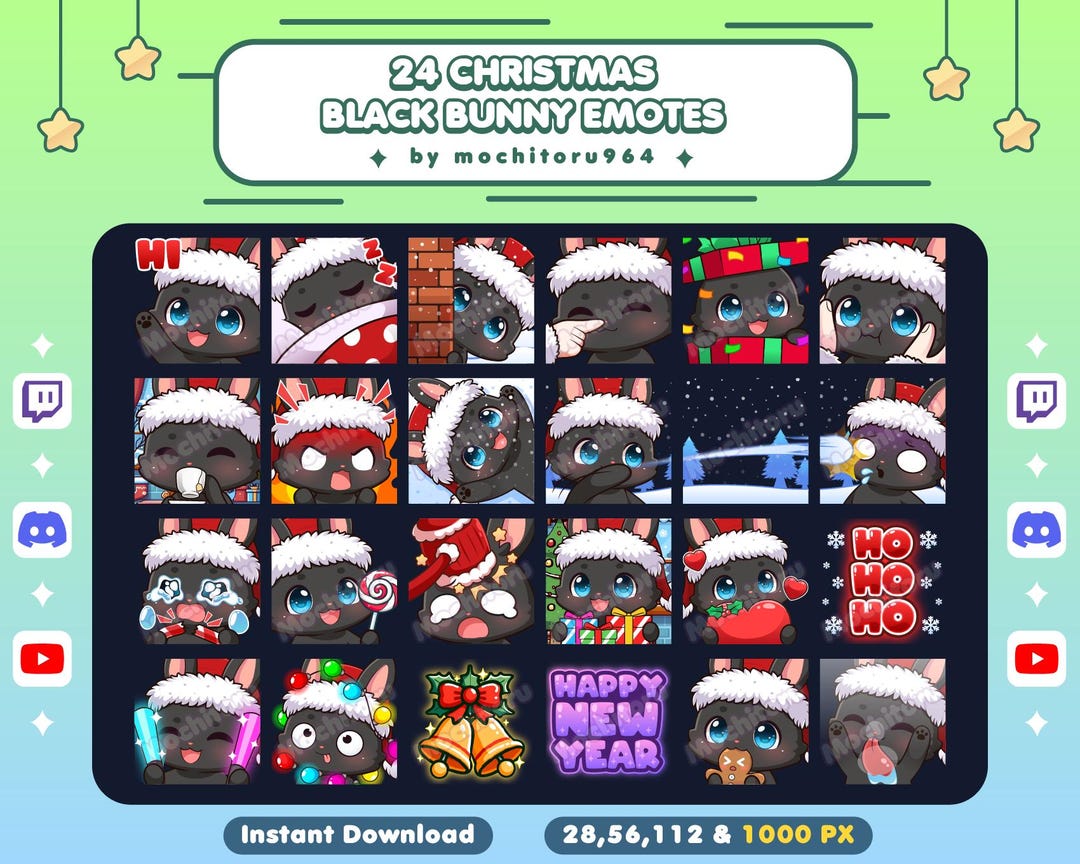 24 Christmas Black Bunny Emotes | Chibi Bunny | Cute Bunny | Chibi ...