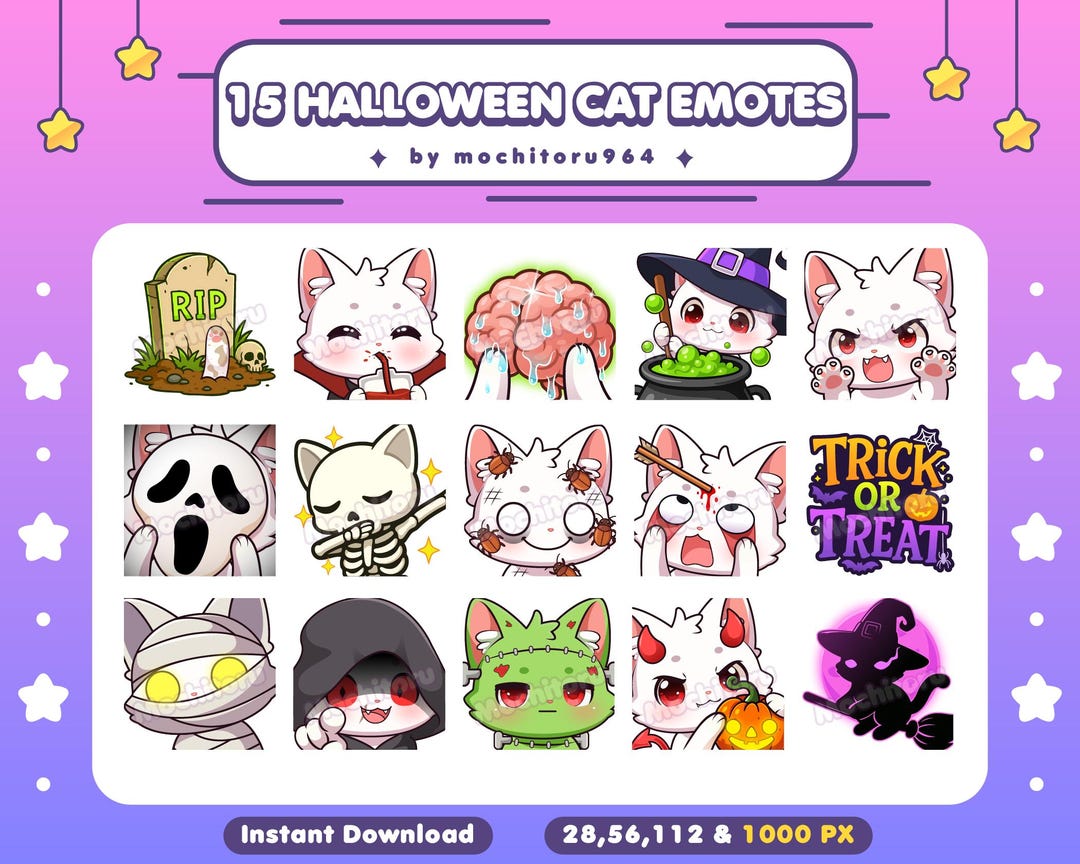 15 Halloween White Cat Emotes | Cute Chibi Cat Emotes | Kawaii Cat ...