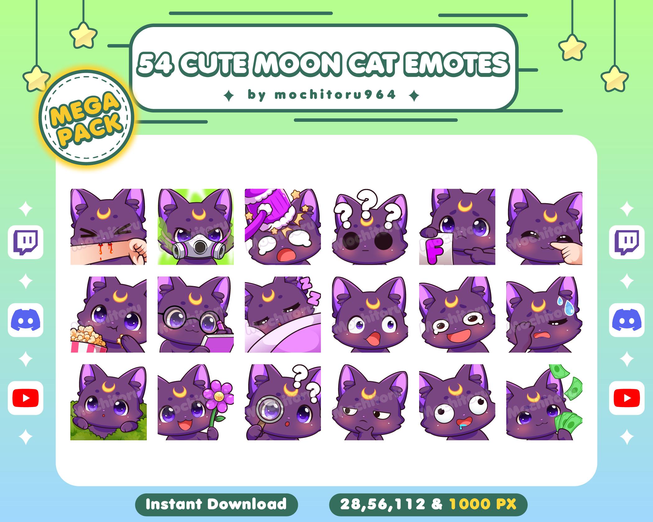 Cute Black Lunar Kitty Emotes | 54 Cat Emotes, Mega Pack | Moon | Chibi ...