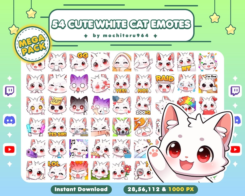 Twitch Emote - Cute White Cat Emotes | 54 Kitty Emotes, Mega Pack ...