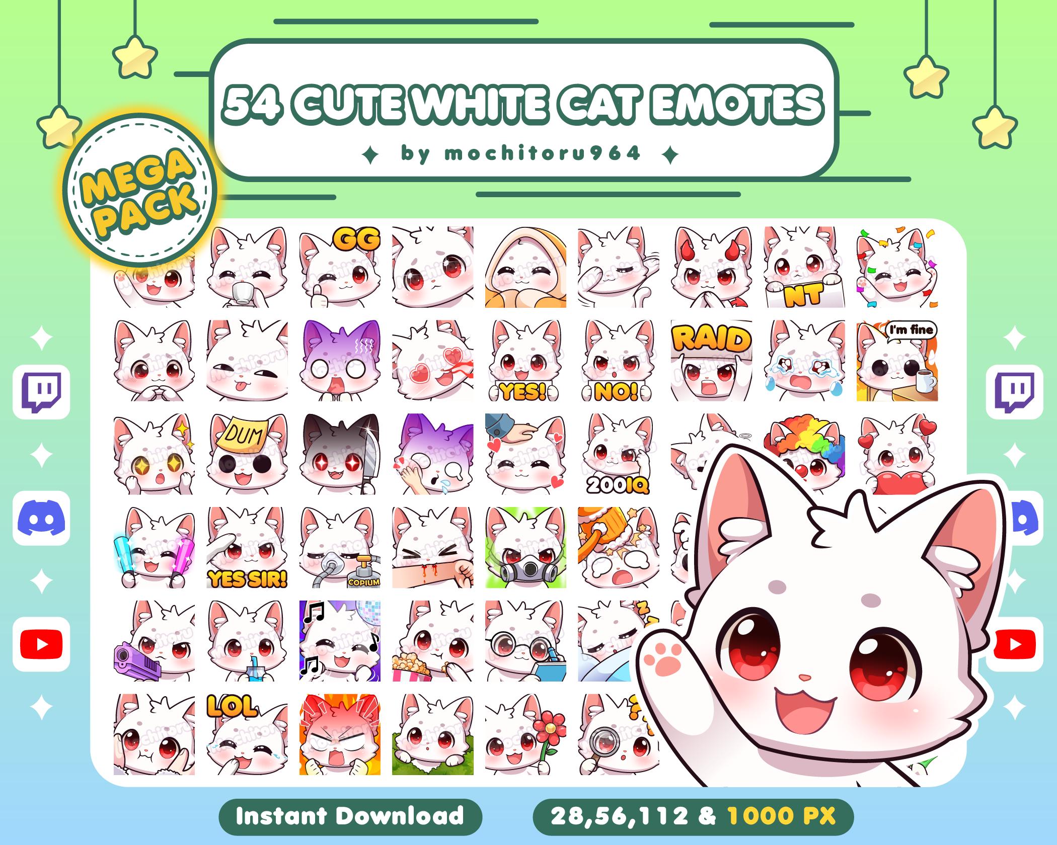 Twitch Emote - Cute White Cat Emotes | 54 Kitty Emotes, Mega Pack ...