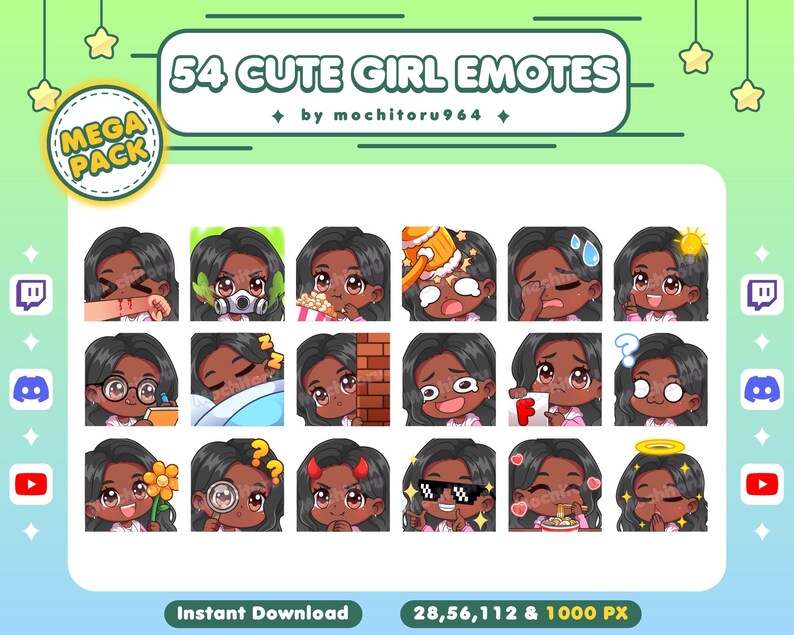 Twitch Emote - Cute Girl Emotes | 54 Girl Mega Pack Emotes | Black Skin ...