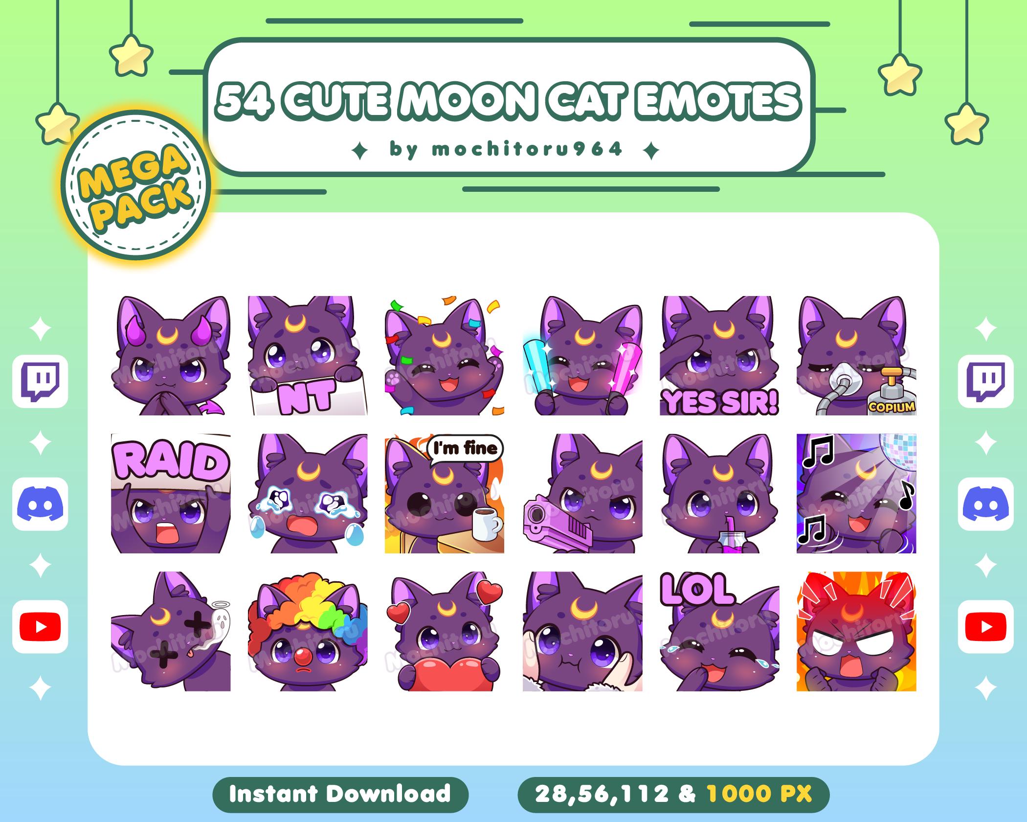 Cute Black Lunar Kitty Emotes | 54 Cat Emotes, Mega Pack | Moon | Chibi ...