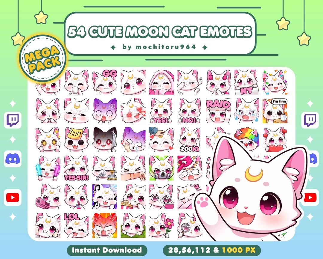 Cute White Lunar Kitty Emotes | 54 Cat Emotes, Mega Pack | Moon | Chibi ...