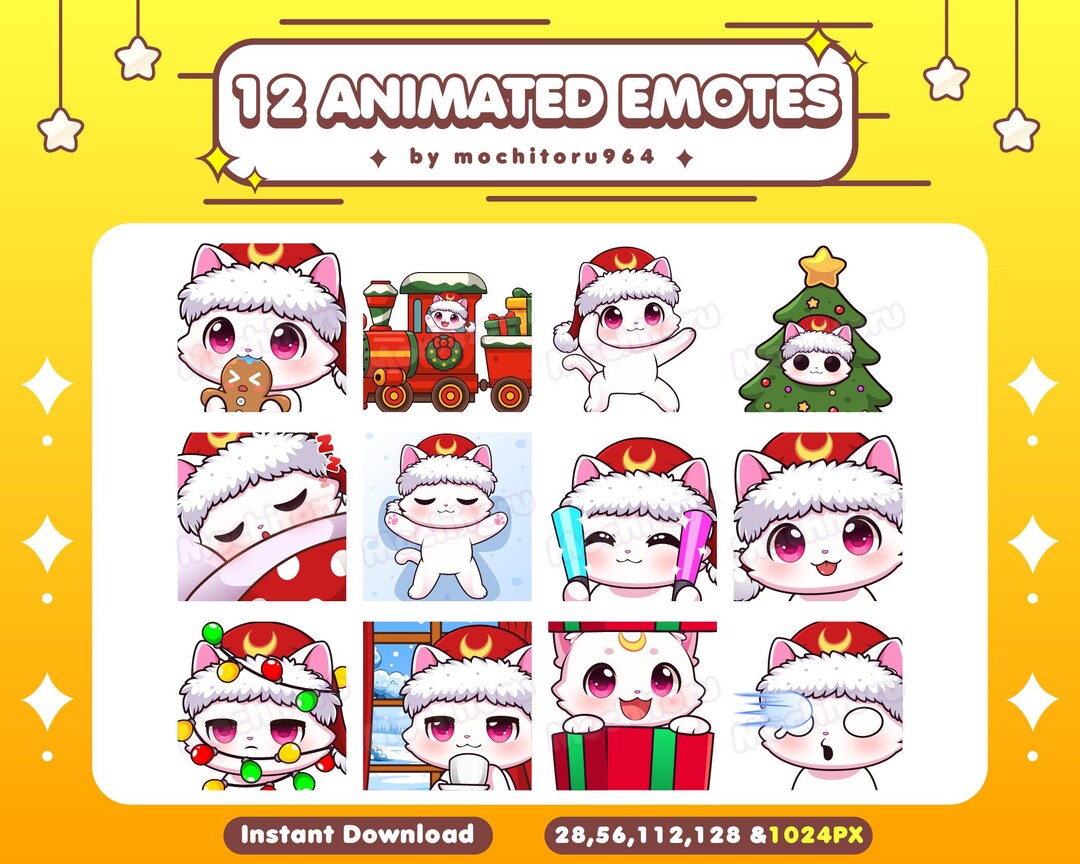 Cute White Lunar Kitty Christmas Emotes | 12 Animated Cat Emotes ...