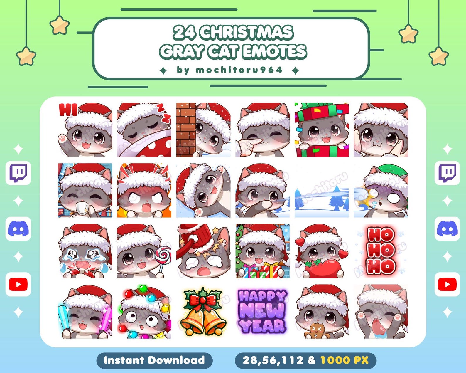24 Christmas Gray Cat Emotes | Chibi Cat | Cute Cat| Chibi Emotes ...