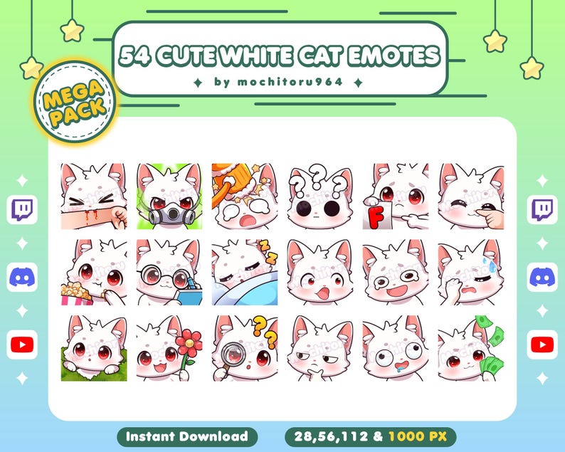 Twitch Emote - Cute White Cat Emotes | 54 Kitty Emotes, Mega Pack ...