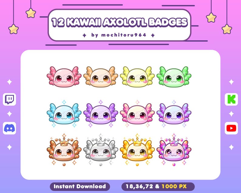 Twitch Badges - 12 Kawaii Axolotl Badges | Animal Badges | Chibi ...