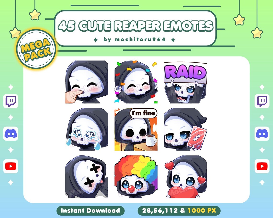 Mega Pack Cute Grim Reaper Emotes | 45 Reaper Emotes | Twitch Emote ...