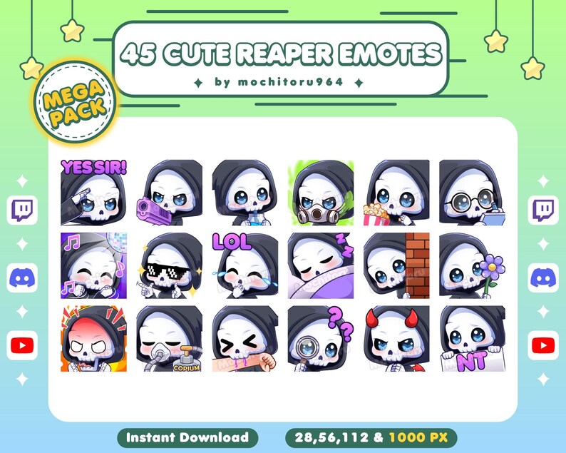 Mega Pack Cute Grim Reaper Emotes | 45 Reaper Emotes | Twitch Emote ...