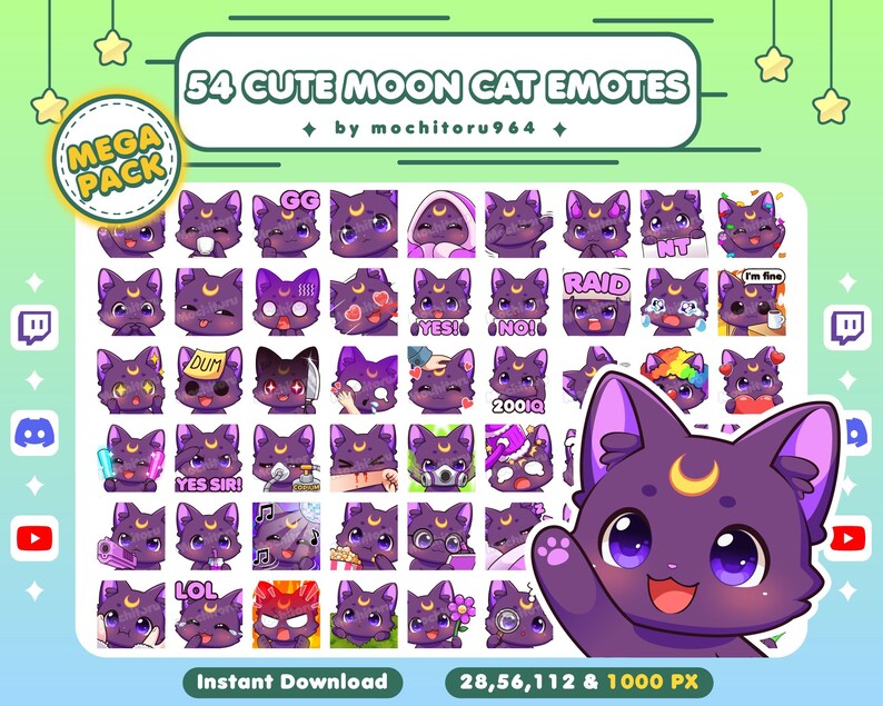 Cute Black Lunar Kitty Emotes | 54 Cat Emotes, Mega Pack | Moon | Chibi ...