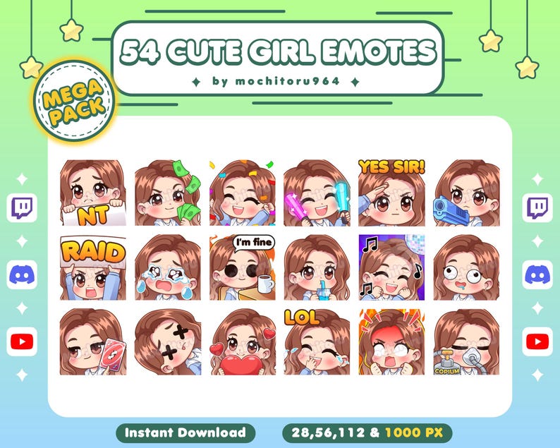 Twitch Emote - Cute Girl Emotes | 54 Girl Mega Pack Emotes | Chibi Girl ...