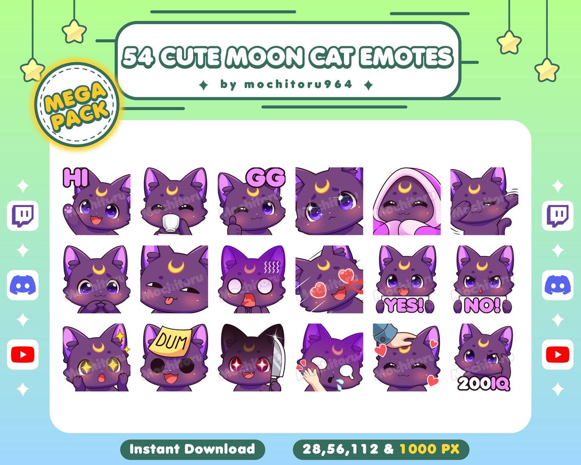 Cute Black Lunar Kitty Emotes | 54 Cat Emotes, Mega Pack | Moon | Chibi ...