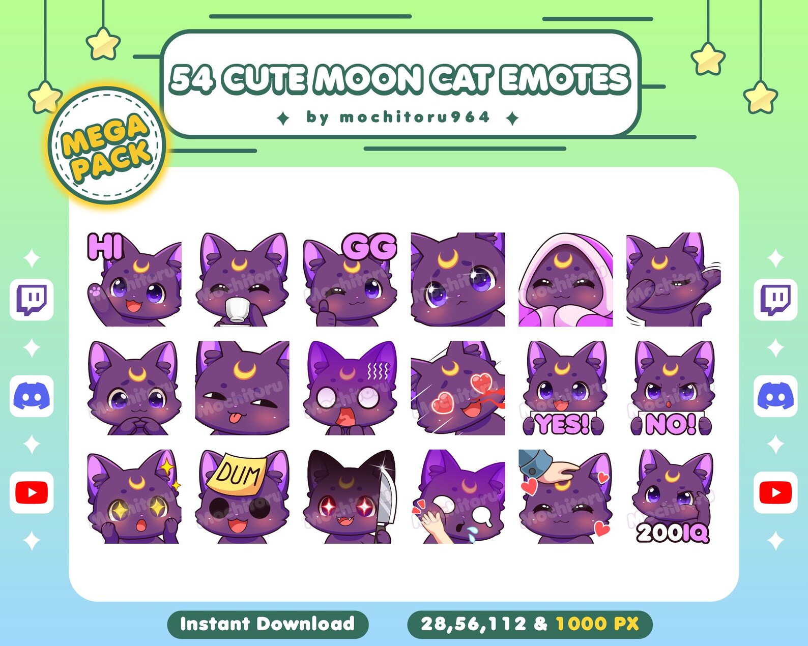 Cute Black Lunar Kitty Emotes | 54 Cat Emotes, Mega Pack | Moon | Chibi ...