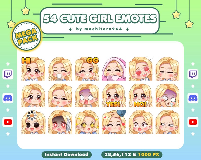 Twitch Emote - Cute Girl Emotes | 54 Girl Mega Pack Emotes | Chibi Girl ...