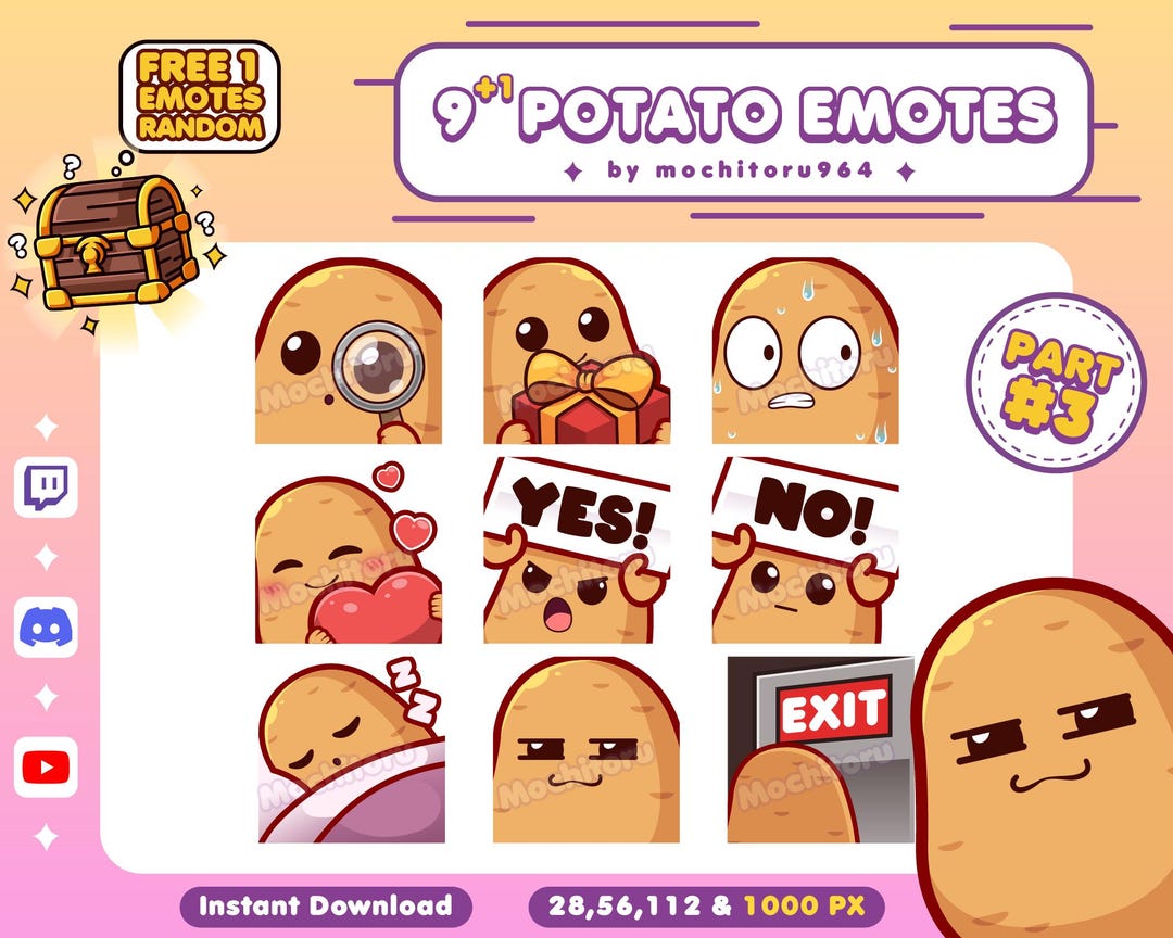 Cute Potato Emotes - Part 3 | 10 Kawaii Emotes for Twitch, Discord ...