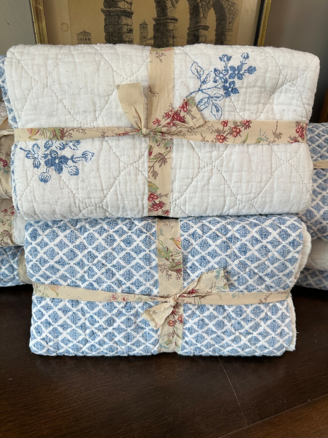 Slate Blue With White Floral Trellis Reversible Quilt Cutter Piece. 21 ...