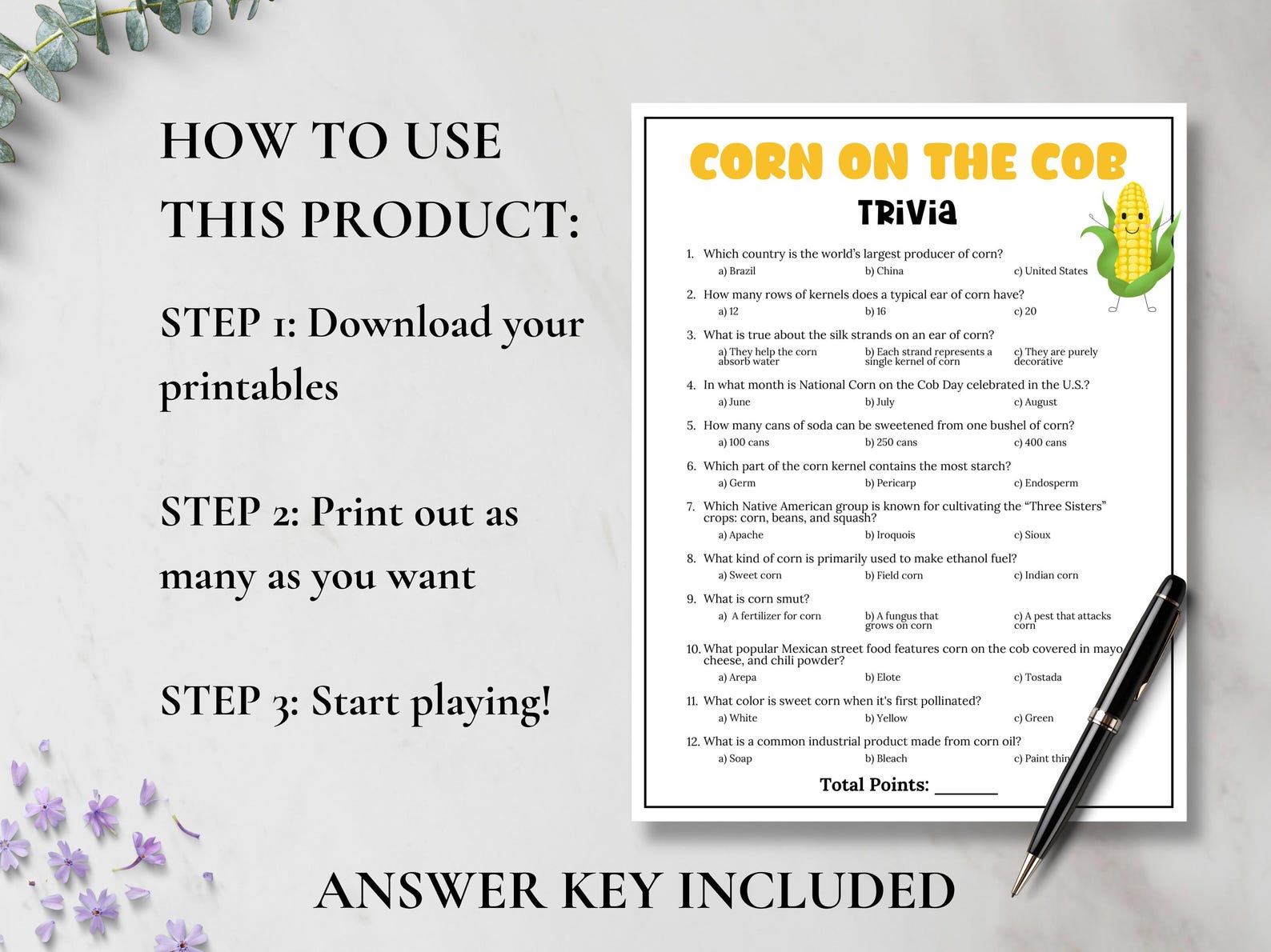 Corn on the Cob Trivia Game, Corn on the Cob Day Activity, Corn Party ...