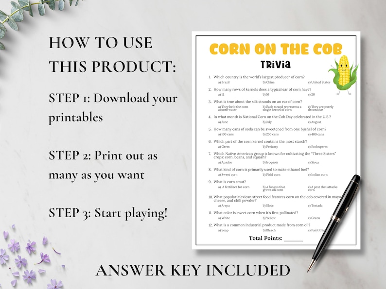 Corn on the Cob Trivia Game, Corn on the Cob Day Activity, Corn Party ...