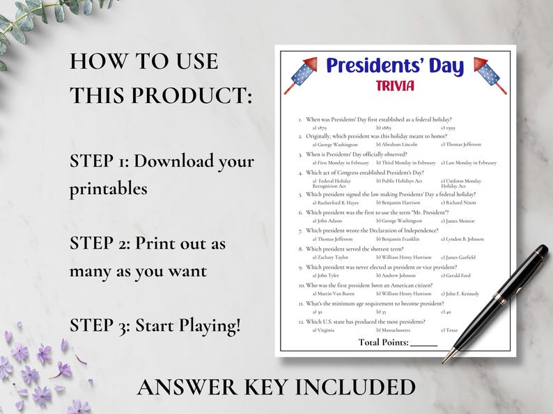 Presidents Day Trivia Game, Presidents Day Games for Presidents Day ...