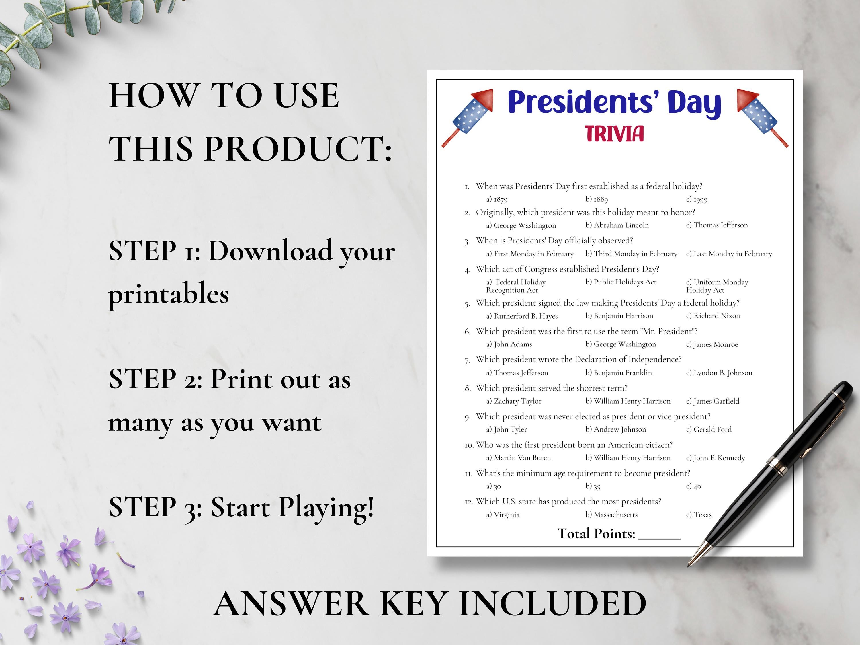 Presidents Day Trivia Game, Presidents Day Games for Presidents Day ...