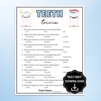 Teeth Trivia Game, Printable Dental Team Party Game for Adults & Kids ...