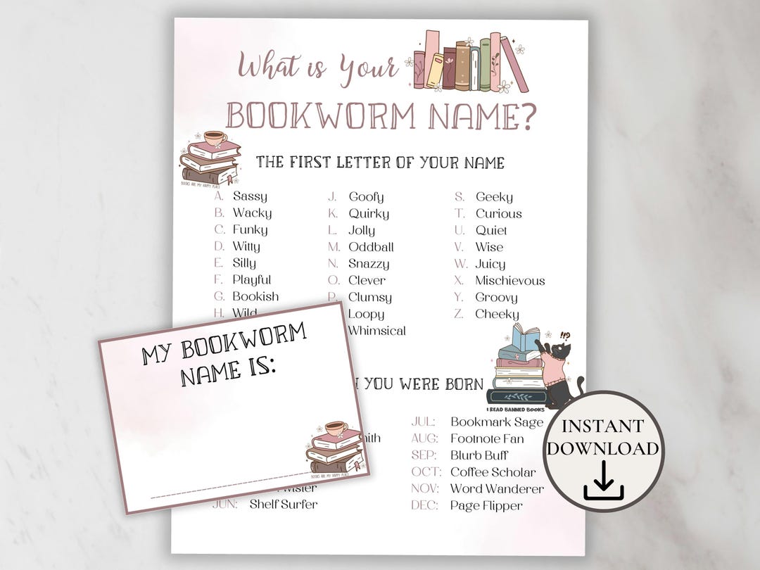 What's Your Bookworm Name With Name Tags, Book Club Games Printable ...