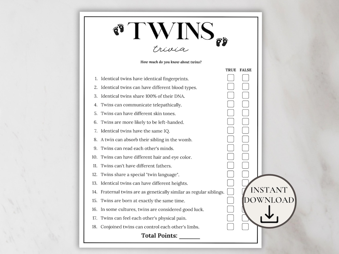Twin Trivia Baby Shower Game, Twin True or False, Twin Birthday Party ...