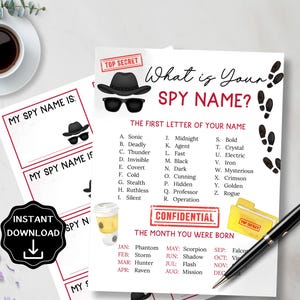 What's Your Spy Name Game With Name Tags, Spy Themed Party Game for ...